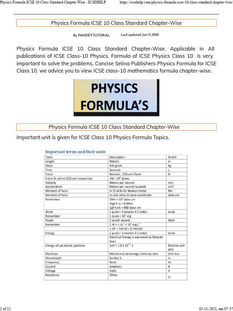 Physics Formula ICSE 10 Class Standard Chapter-Wise - ICSEHELP | PDF | Neutron | Nuclear Physics