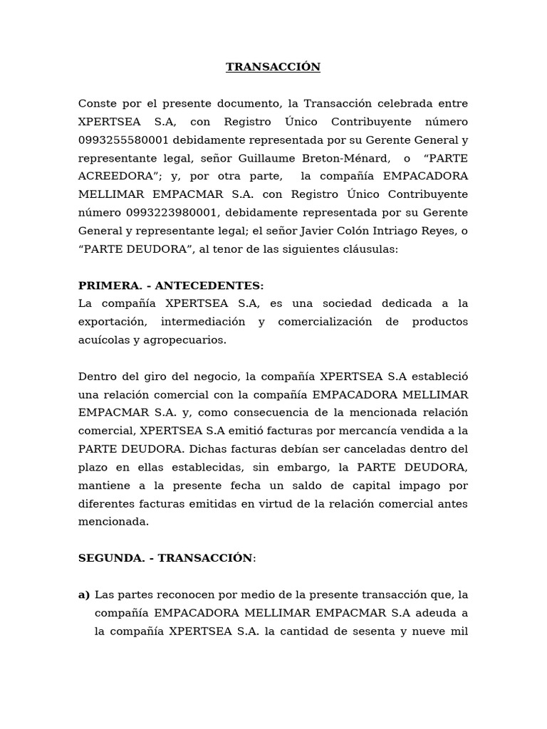 Transacción XPERTSEA S.A. (Borrador) Docx | PDF | Pagos