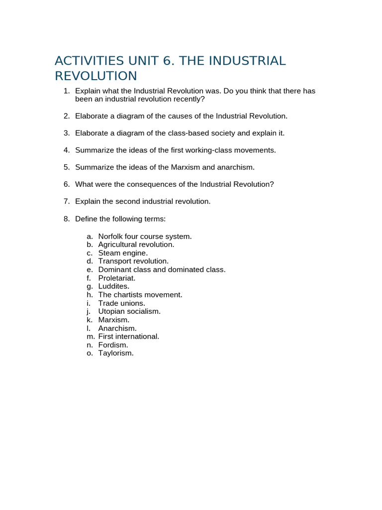 Unit 6. Activities Industrial Revolution SHORT | PDF