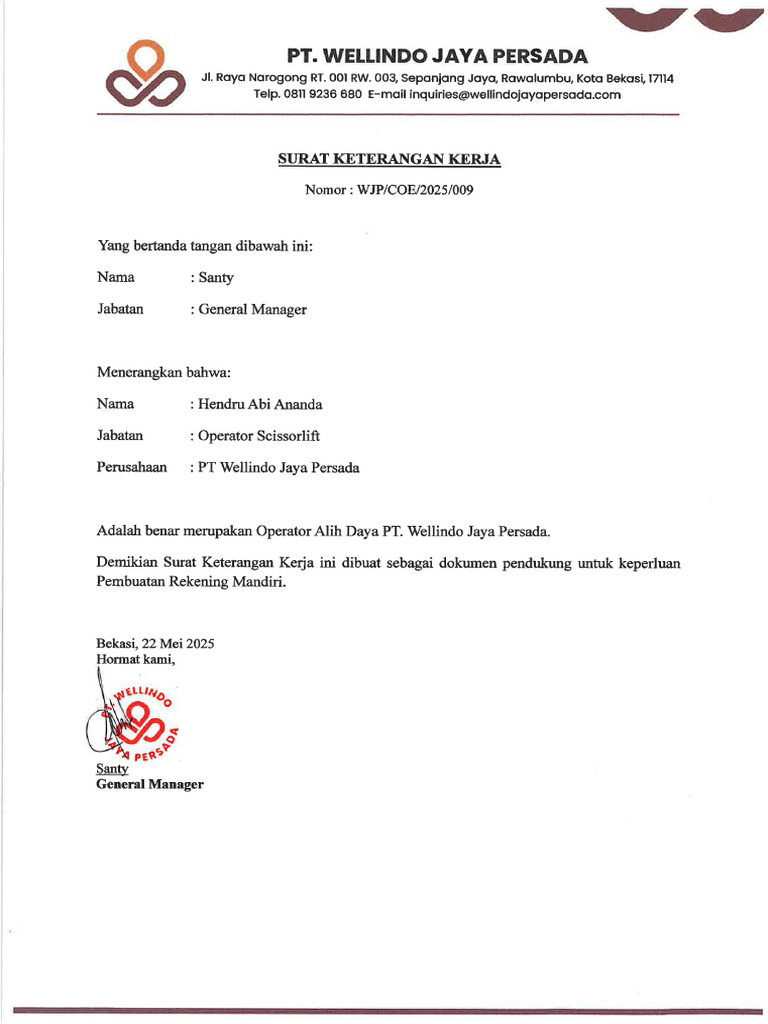 009 Surat Keterangan Kerja - Pemb. Rek. Mandiri | PDF