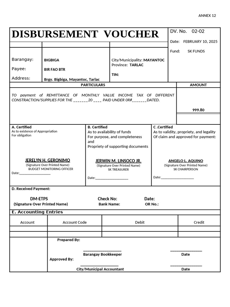 Disbursement Voucher For Bir | PDF | Payments | Bookkeeping