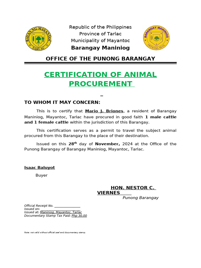 Animal Procurement Certification Tarlac | PDF | Taxes | Government Finances
