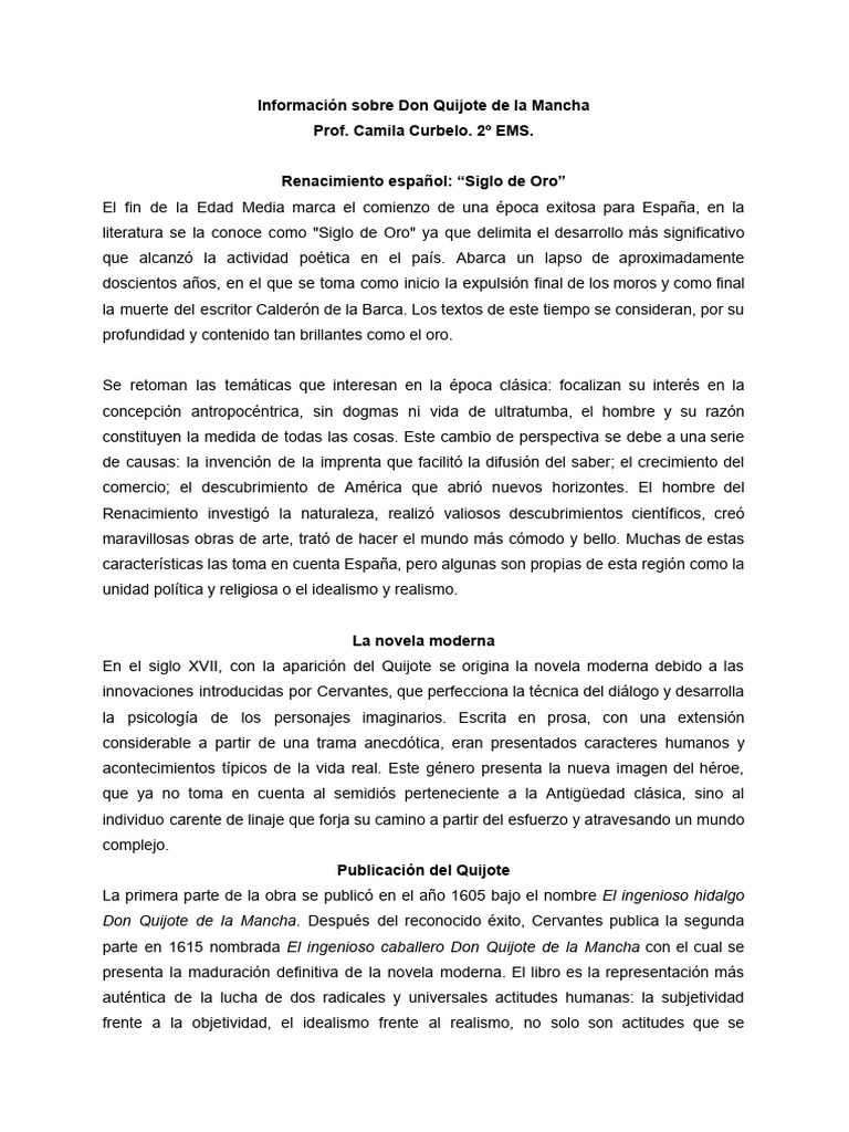 Información Sobre Don Quijote de La Mancha | PDF | Don Quijote | Novelas