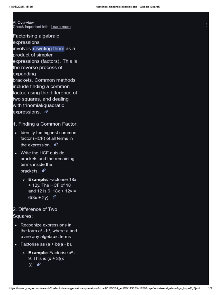 Factorise Algebraic Expressions - Google Search | PDF | Factorization | Mathematics