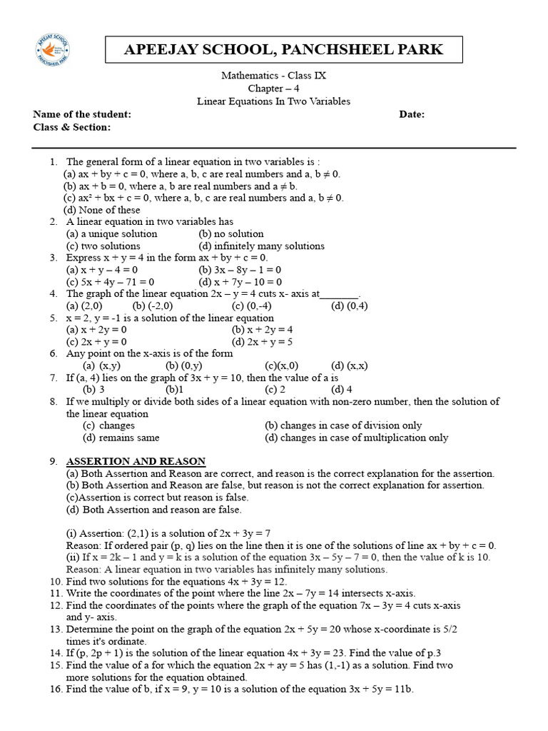 9 - Ch-4 - Linear Equations in Two Variables - Worksheet | PDF ...
