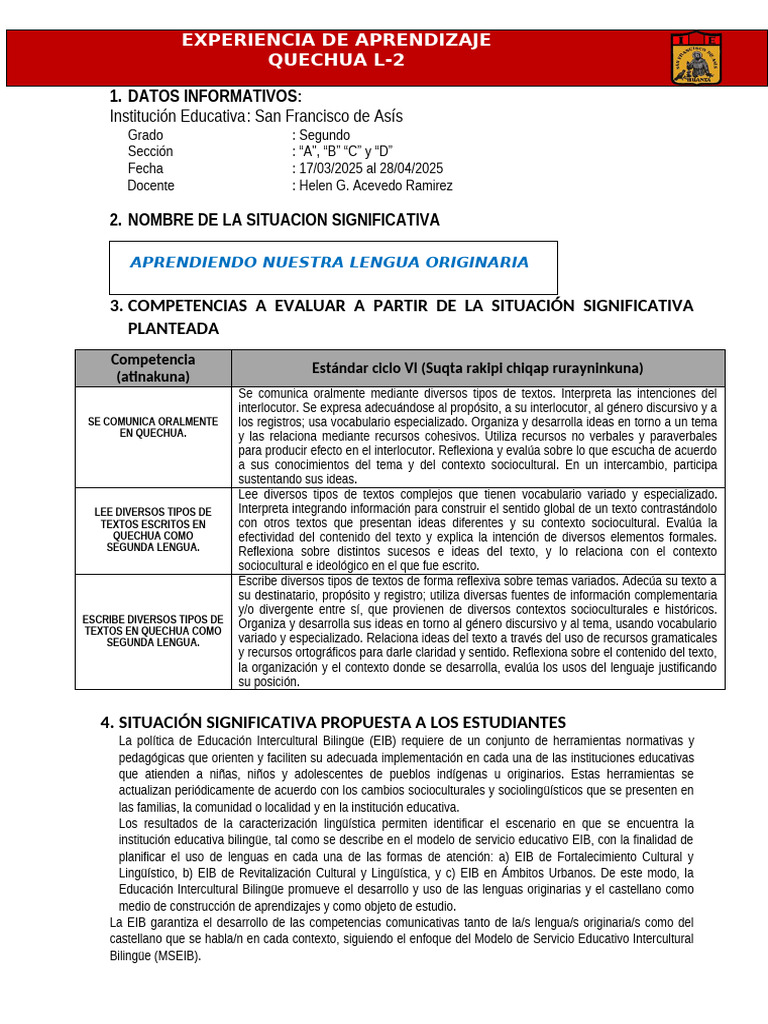 Unidad 00 - 3-EXPERIENCIA DE APRENDIZAJE QUECHUA | PDF | Multilingüismo | Segundo lenguaje