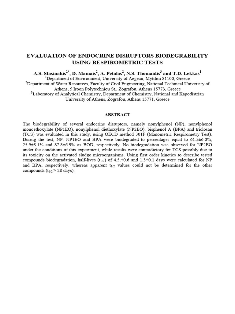 EVALUATION OF ENDOCRINE DISRUPTORS BIODEGRABILITY USING RESPIROMETRIC ...