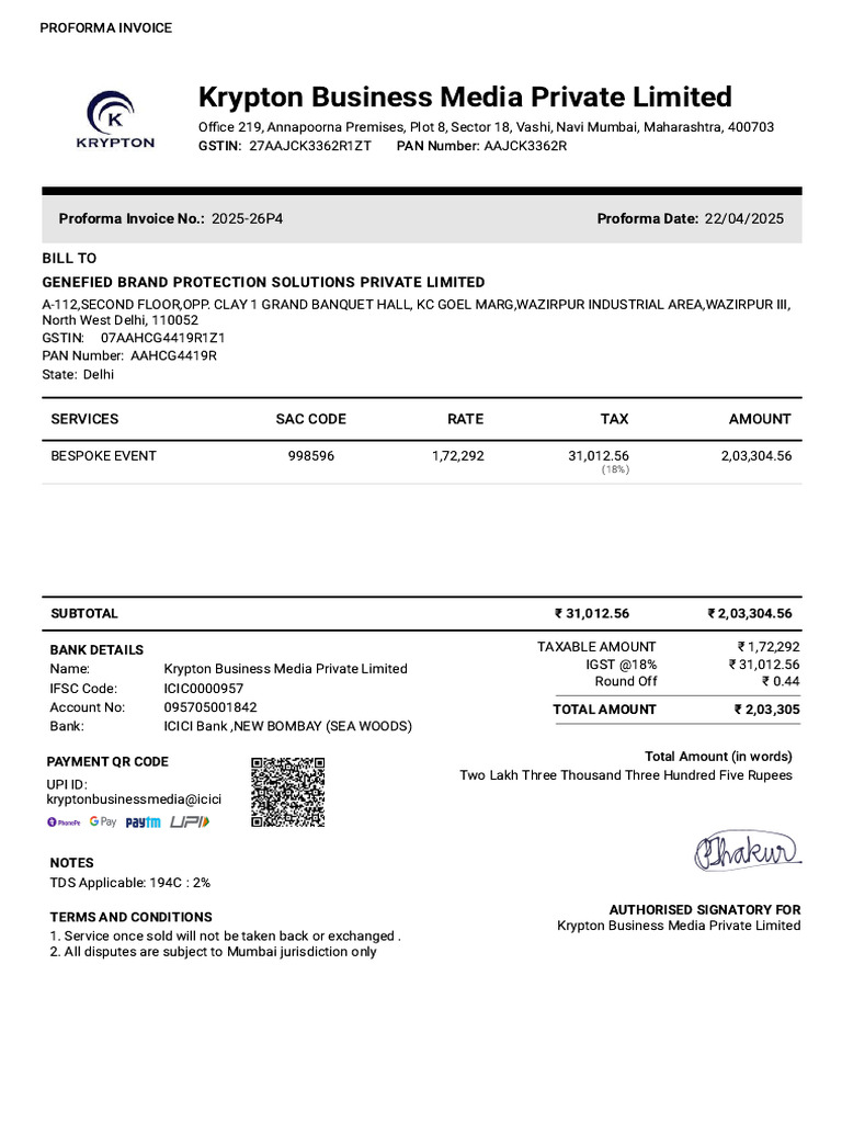 Genefied Brand Protection Solutions Private Limited Proforma Invoice ...