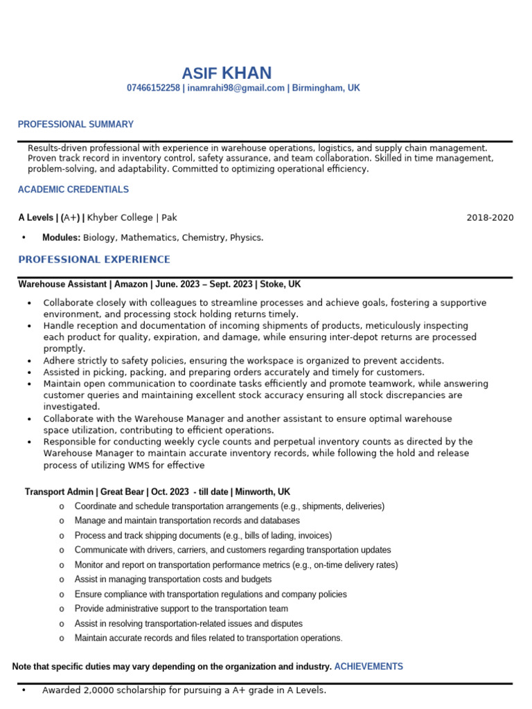 Inam Khan - CV - Great Bear - Culina | PDF | Warehouse | Logistics