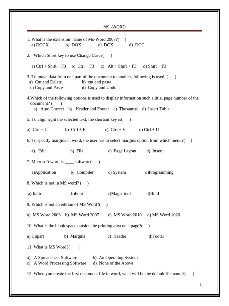 MCQ Questions For Ms Word | PDF | Microsoft Word | Software