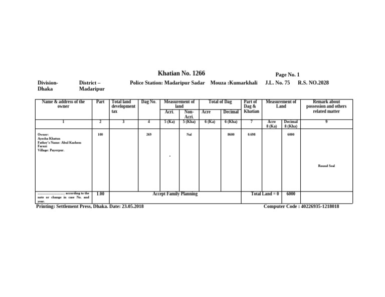 Khatian No. 1266 | PDF