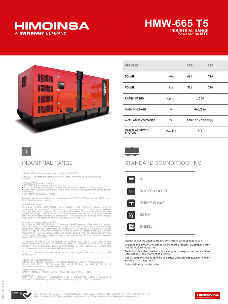 Generator Set Data Sheet HMW 665 t5 Soundproof J English | PDF | Diesel Engine | Manufactured Goods