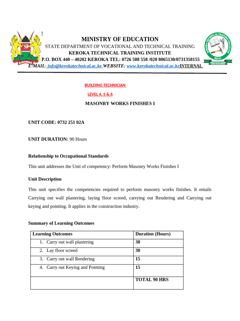 Masonry Works Finishes I (Module 1) Level 4, 5 & 6 | PDF | Masonry | Civil Engineering
