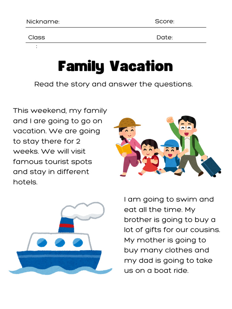 Reading Family Vacation Worksheet in Colorful Simple Style | PDF