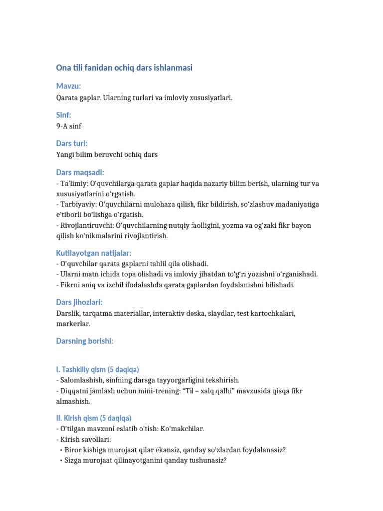 Ona Tili 9A Ochiq Dars Ishlanma | PDF