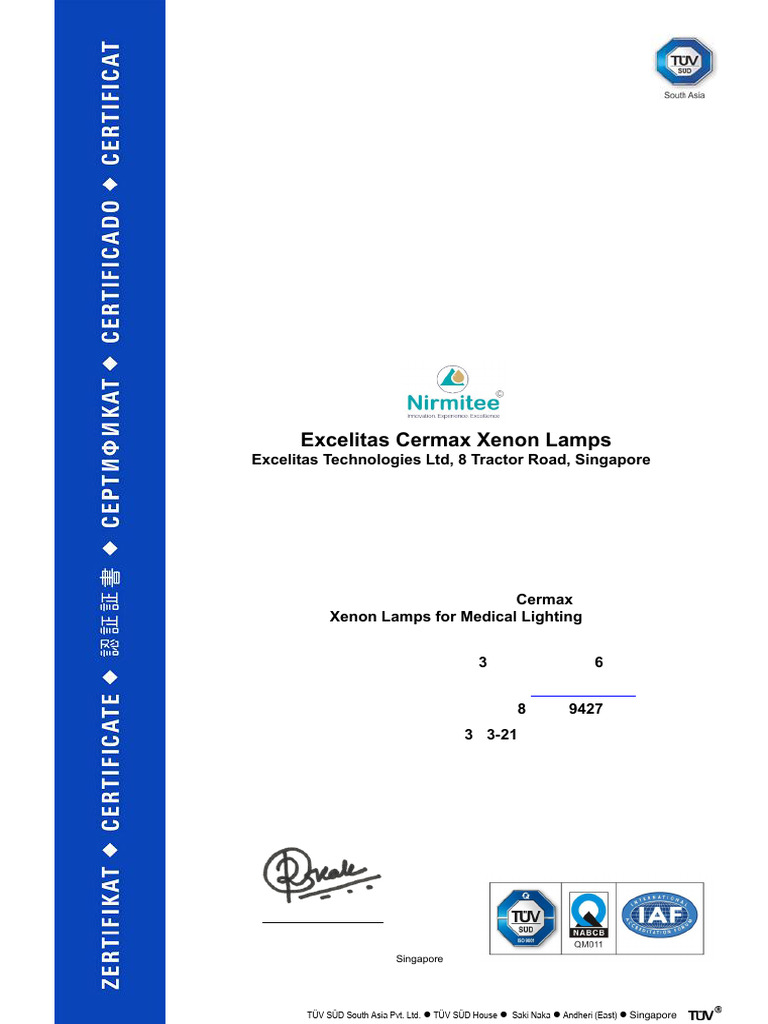 Certificate: Excelitas Cermax Xenon Lamps | PDF