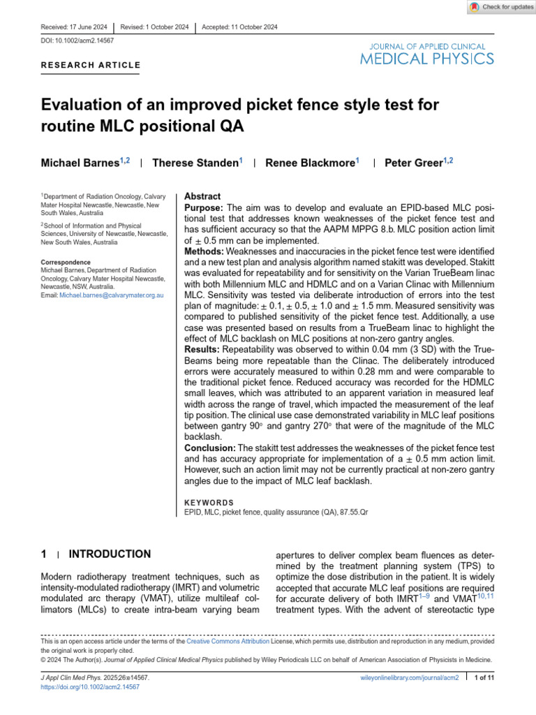 Enhanced Picket Fence QA Method | PDF | Radiation Therapy | Accuracy ...