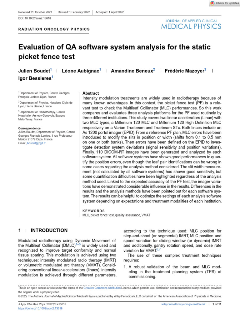 J Applied Clin Med Phys - 2022 - Boudet - Evaluation of QA Software ...