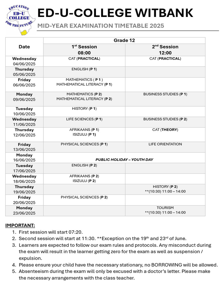 Grade 12 Mid-Year Examination Timetable 2025 | PDF