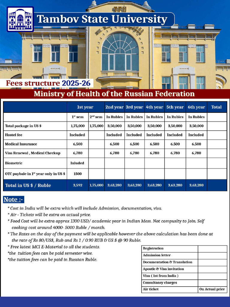 Tambov State University Fees Structures 2025-26 B2B - Yash Overseas | PDF