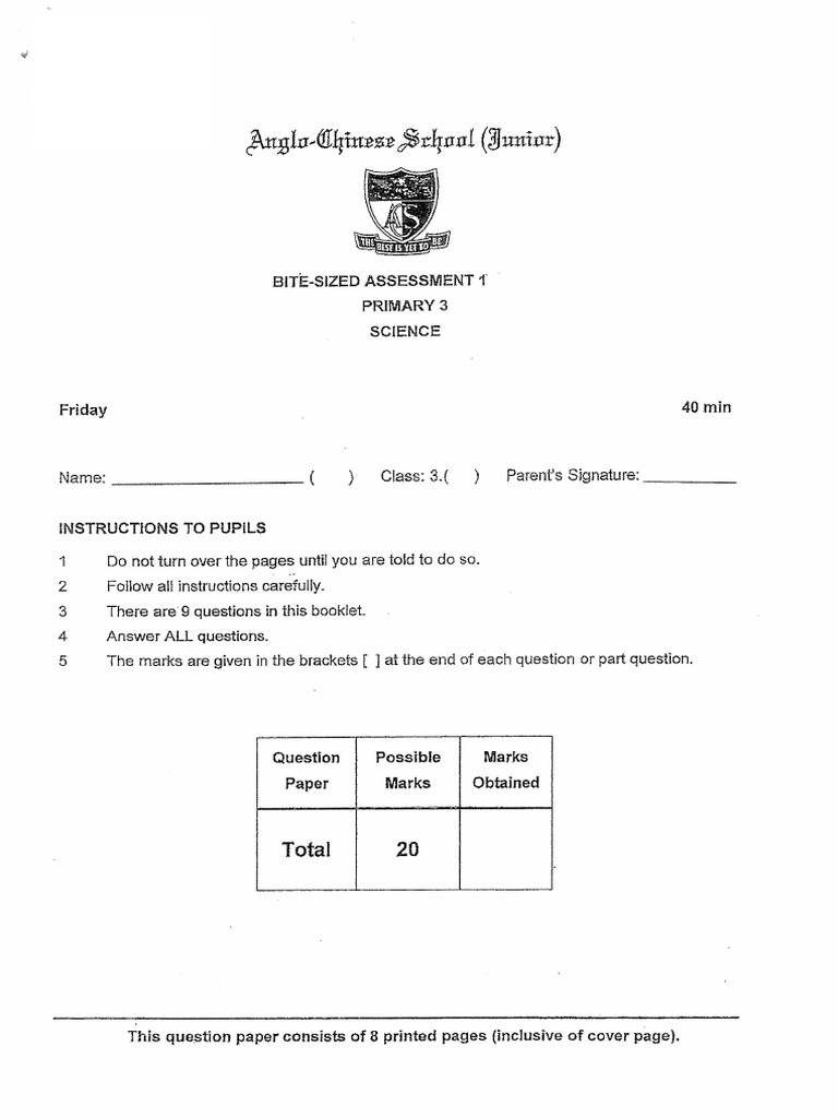 2024 P3 Science Bite Sized Assessment 1 ACS (J) | PDF