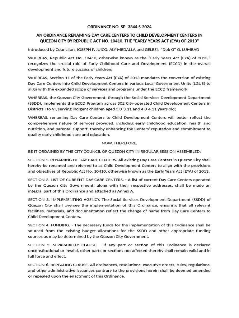Ordinance Renaming Day Care | PDF | Child Care | Government