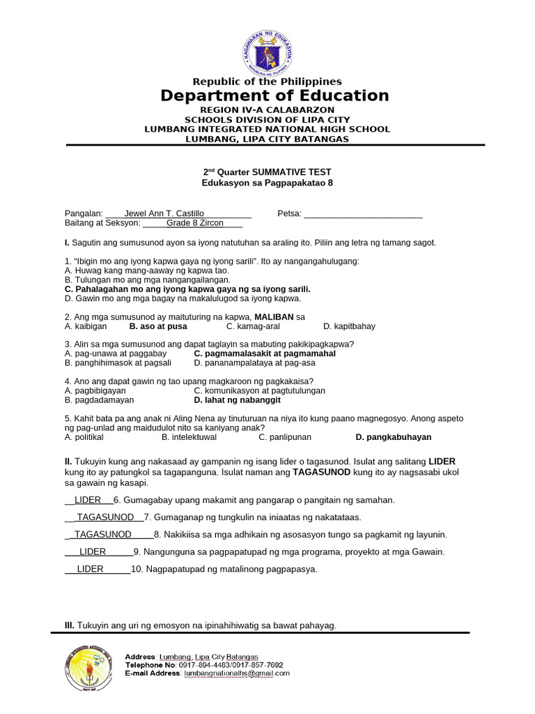2nd Quarter Summative Test ESP 8 | PDF