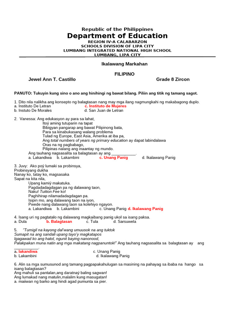 Filipino Second-Grading-SUMMATIVE-TEST43 | PDF