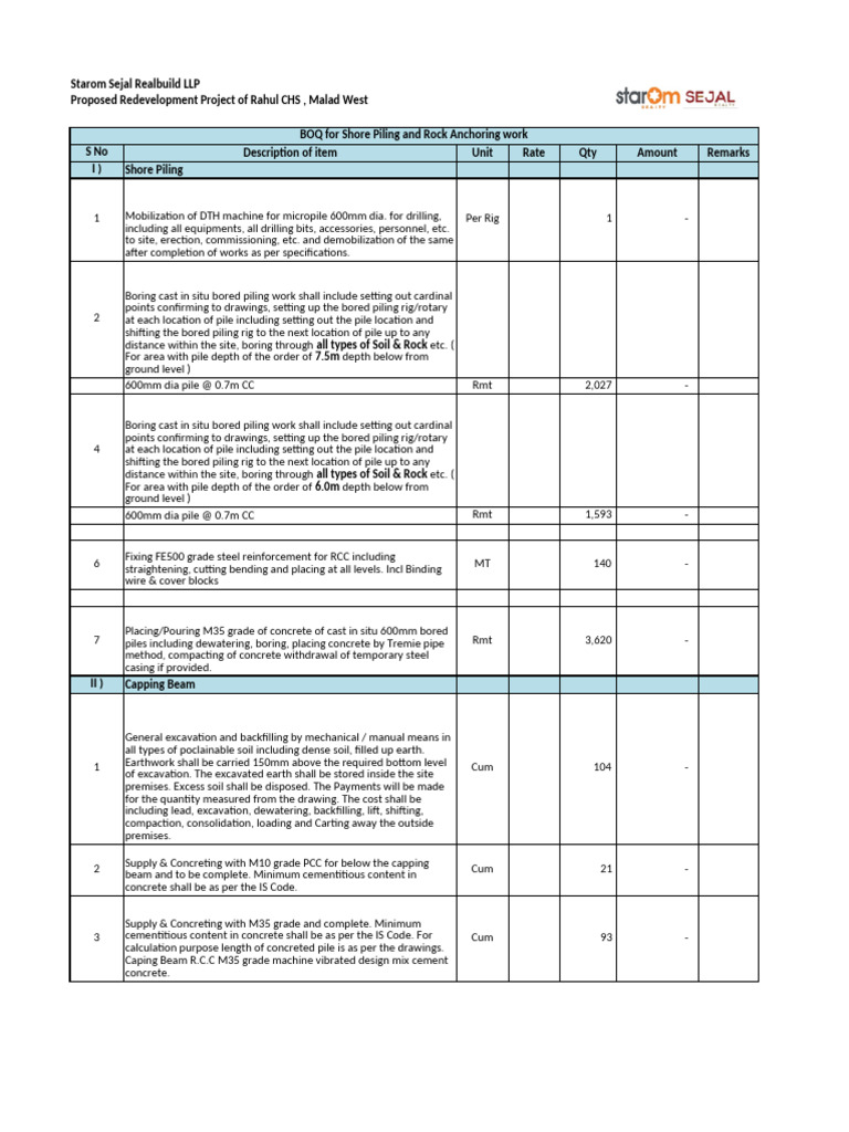 BOQ for Piling and Anchoring Works | PDF | Deep Foundation | Concrete