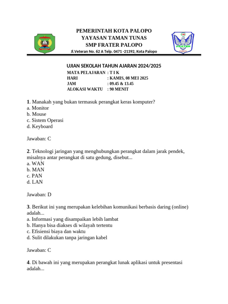 Ujian Sekolah TIK SMP Frater Palopo | PDF
