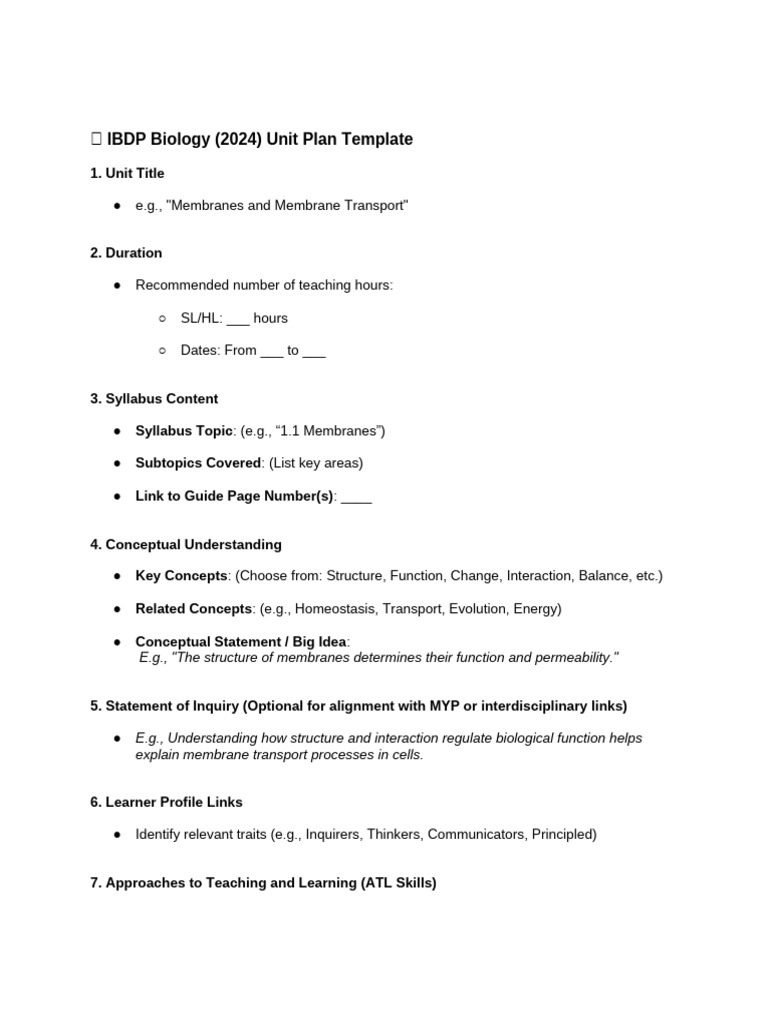 ? IBDP Biology (2024) Unit Plan Template | PDF | Cell Membrane ...