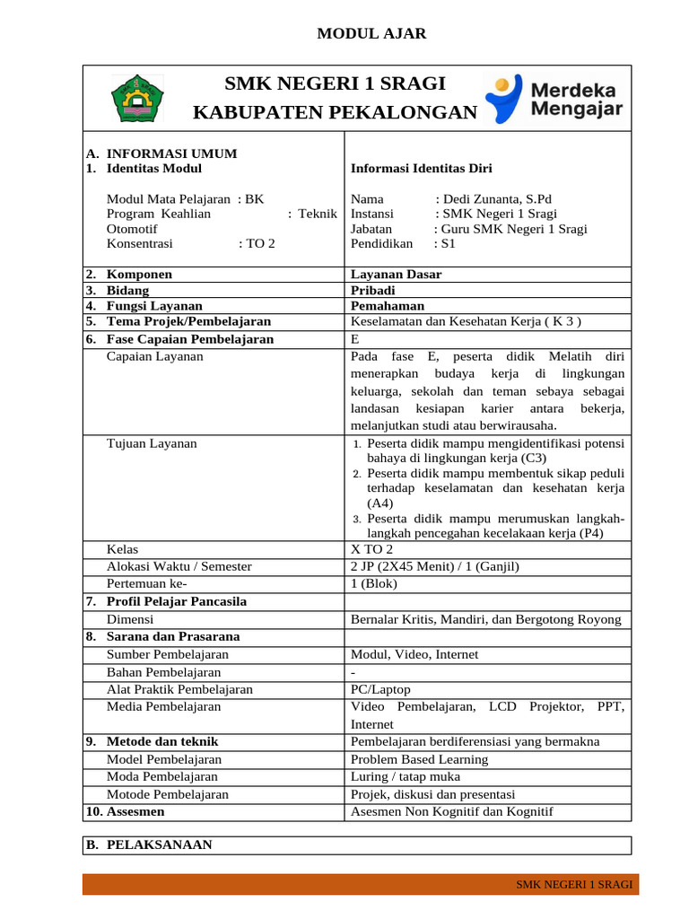 Modul Ajar BK Fase e - Kelas X - Keselamatan Dan Kesehatan Kerja (K3) | PDF