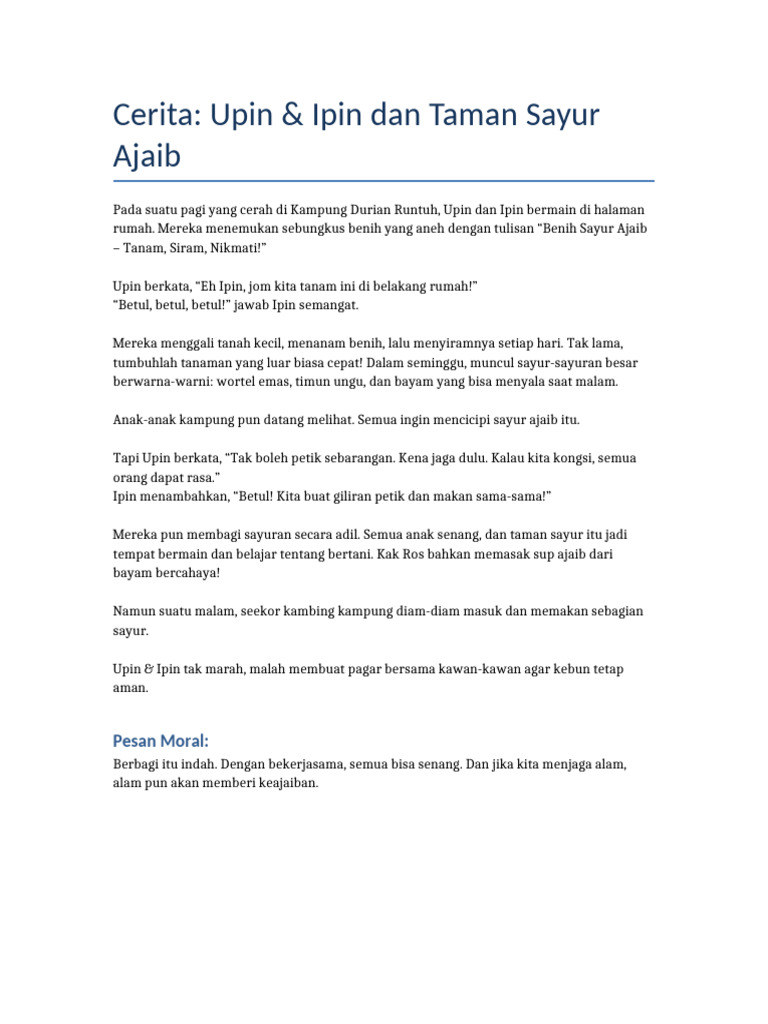 Cerita Upin Ipin Taman Sayur Ajaib | PDF