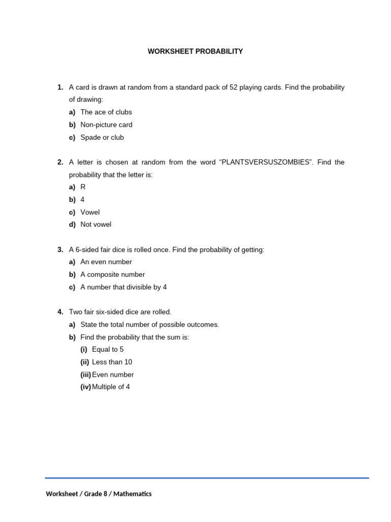 Worksheet G8 Probability | PDF