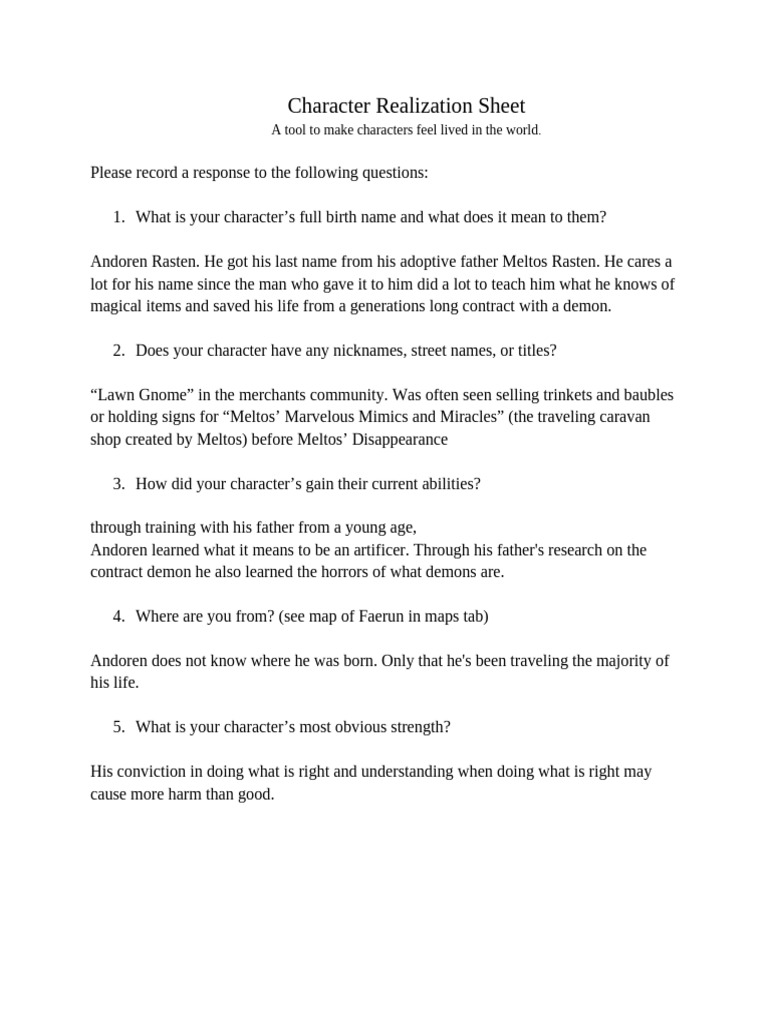 Character Realization Sheet - Andoren Rasten | PDF