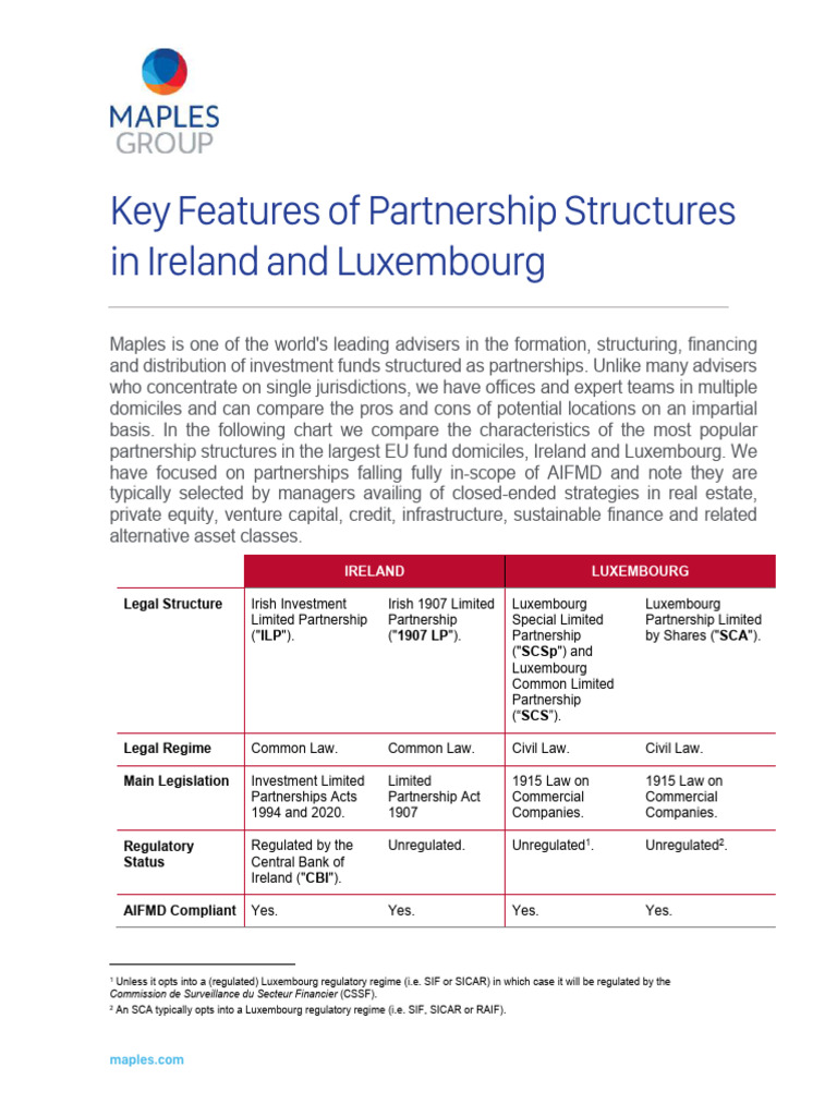 MAPLES Key Features of Partnership Structures in Ireland and Luxembourg ...