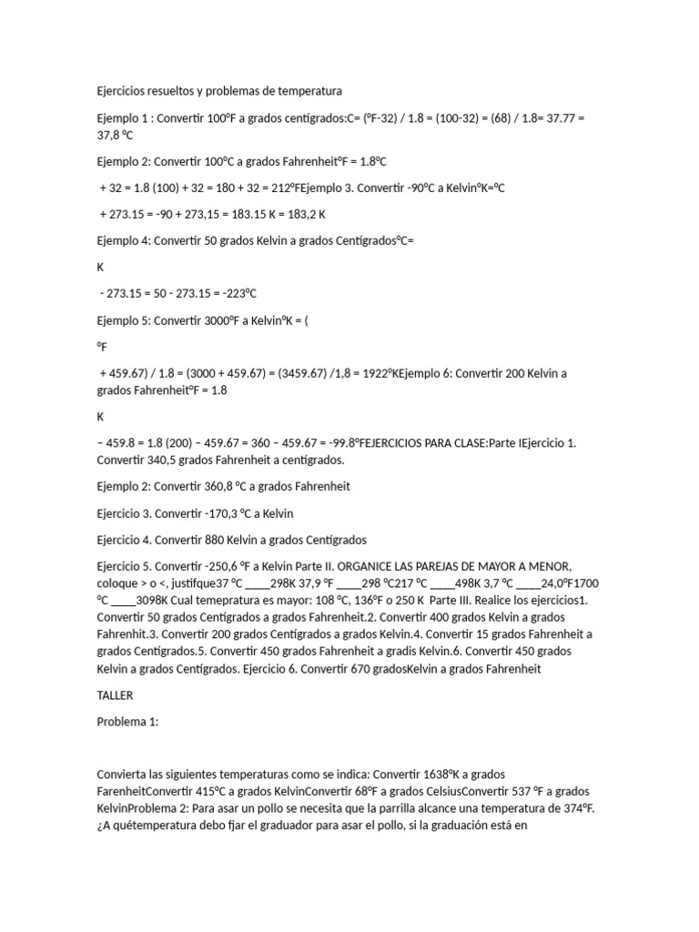 Ejercicios de Conversion Temperatura | PDF | Celsius | Fahrenheit