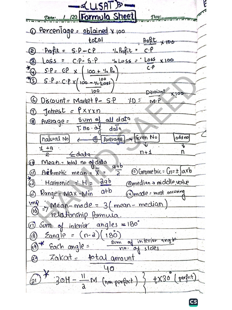 USAT IMP FORMULA SHEET (Hamid SaeedJoiya) | PDF