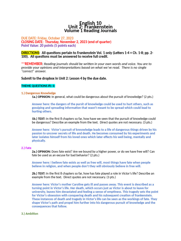 ENG10 - Unit 2 - Frankenstein Vol. 1 Reading Journal | PDF | Knowledge