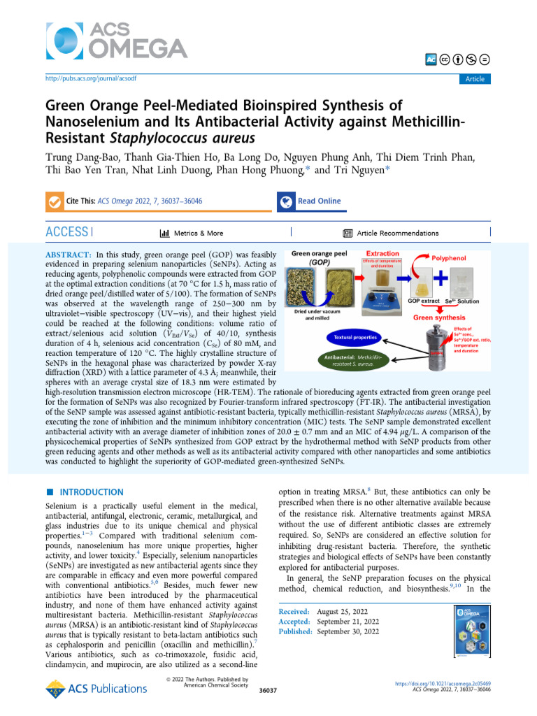 Dang Bao Et Al 2022 Green Orange Peel Mediated Bioinspired Synthesis of Nanoselenium and Its ...