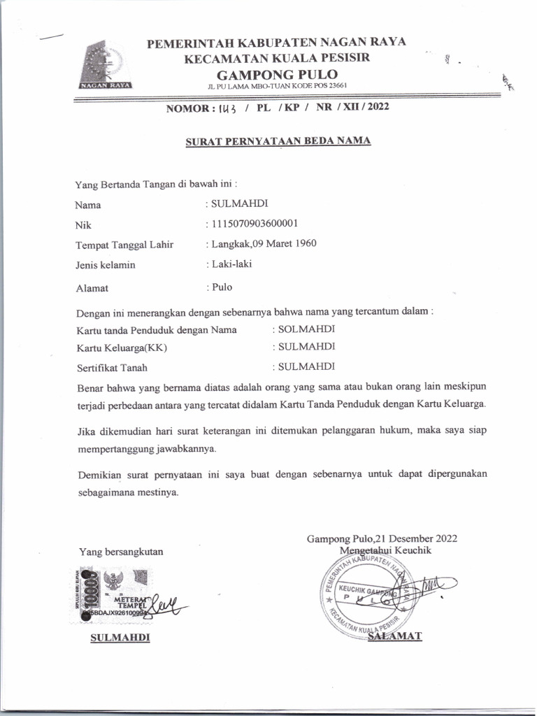 Contoh Surat Ket Beda Nama | PDF