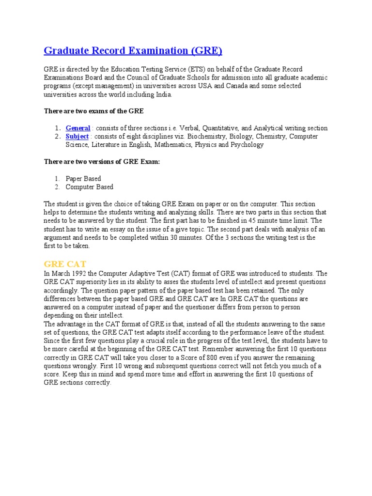 Graduate Record Examination (GRE) | PDF | Graduate Record Examinations ...