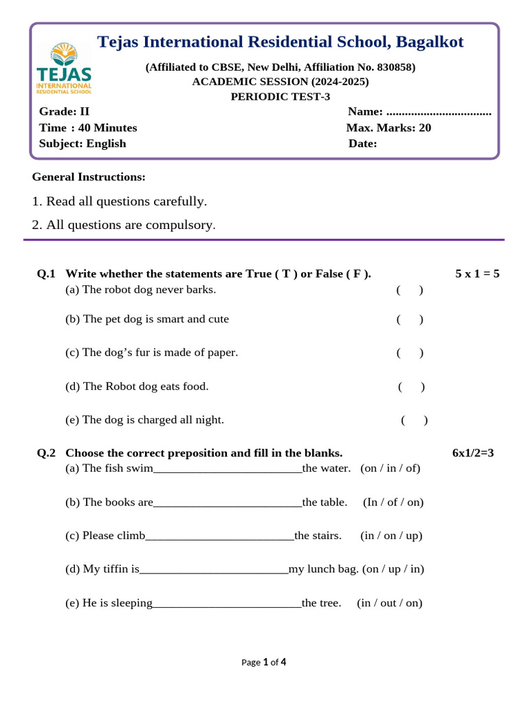 Grade - 1 P-T-3 English Question Paper | PDF