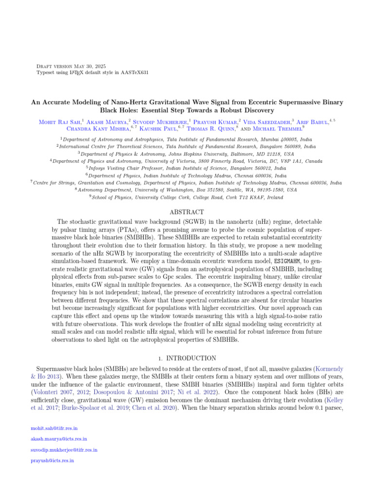Modeling Nano-Hertz Gravitational Waves From Eccentric Supermassive Black Hole Binaries | PDF ...