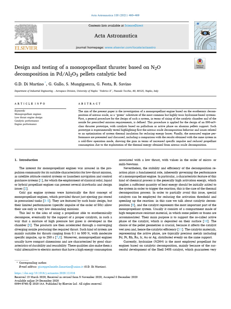 Design and Testing of A Monopropellant Thruster Based On N2O ...