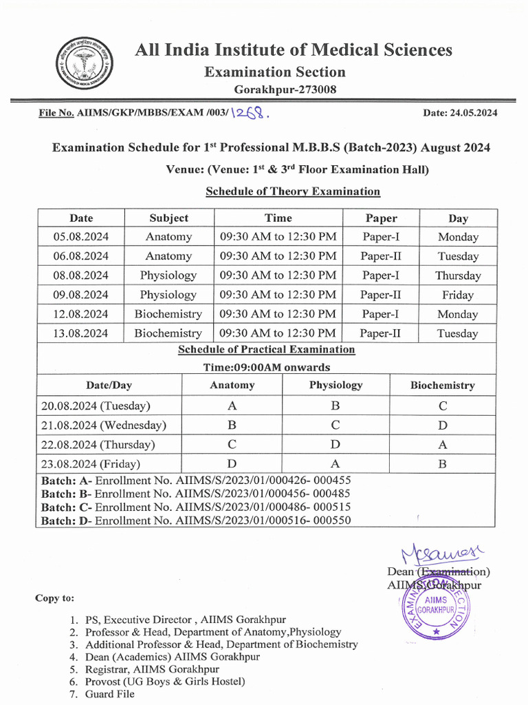 1st Professional MBBS Examination (Batch-2023) August - 2024 | PDF