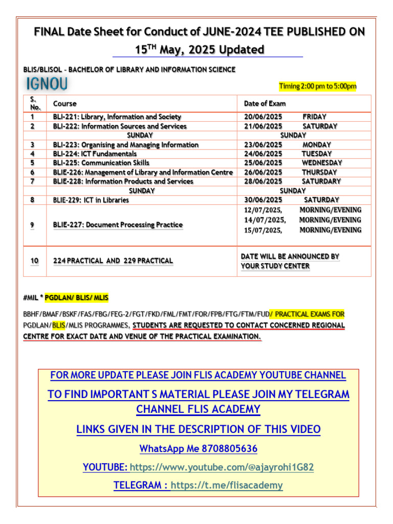 Date Sheet Tentative 4 Ignou | PDF