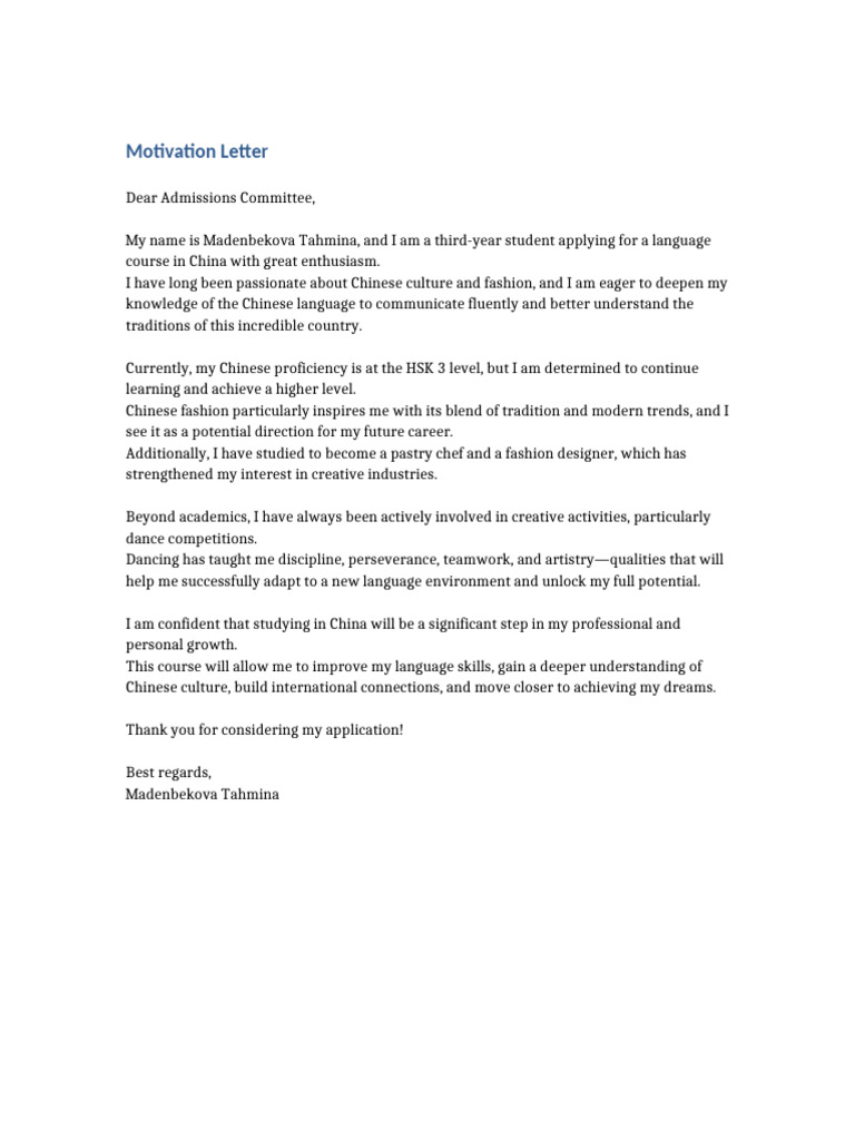 Motivation Letter Tahmina 2 | PDF