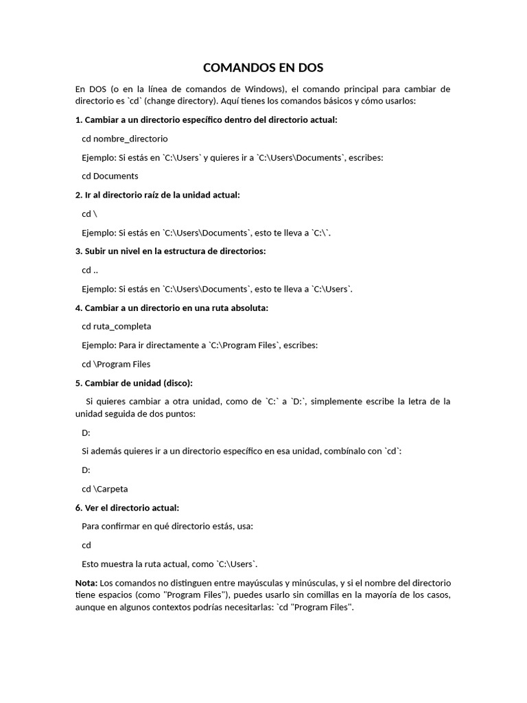 Comandos en Dos | PDF | Archivo de computadora | Directorio (Computación)