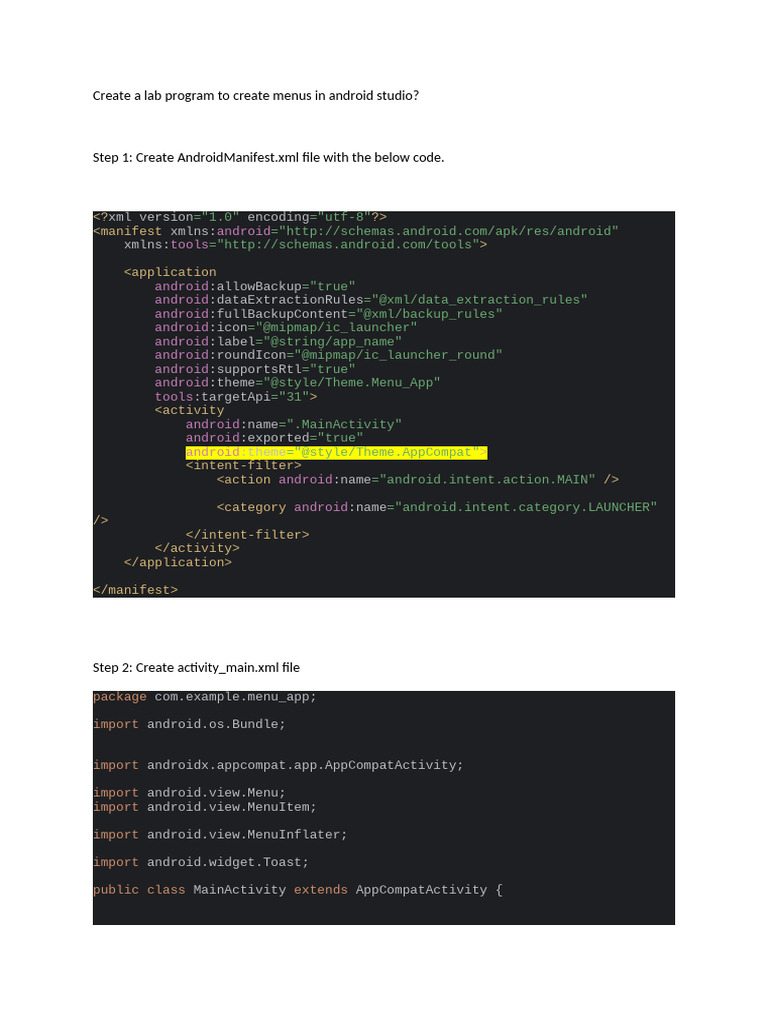Create A Lab Program To Create Menus in Android Studio?: Application | PDF | Menu (Computing ...